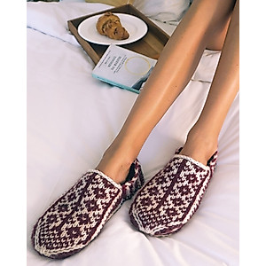 Red Hand Knit Wool Fleece Lined Tibetan Slipper Socks Small