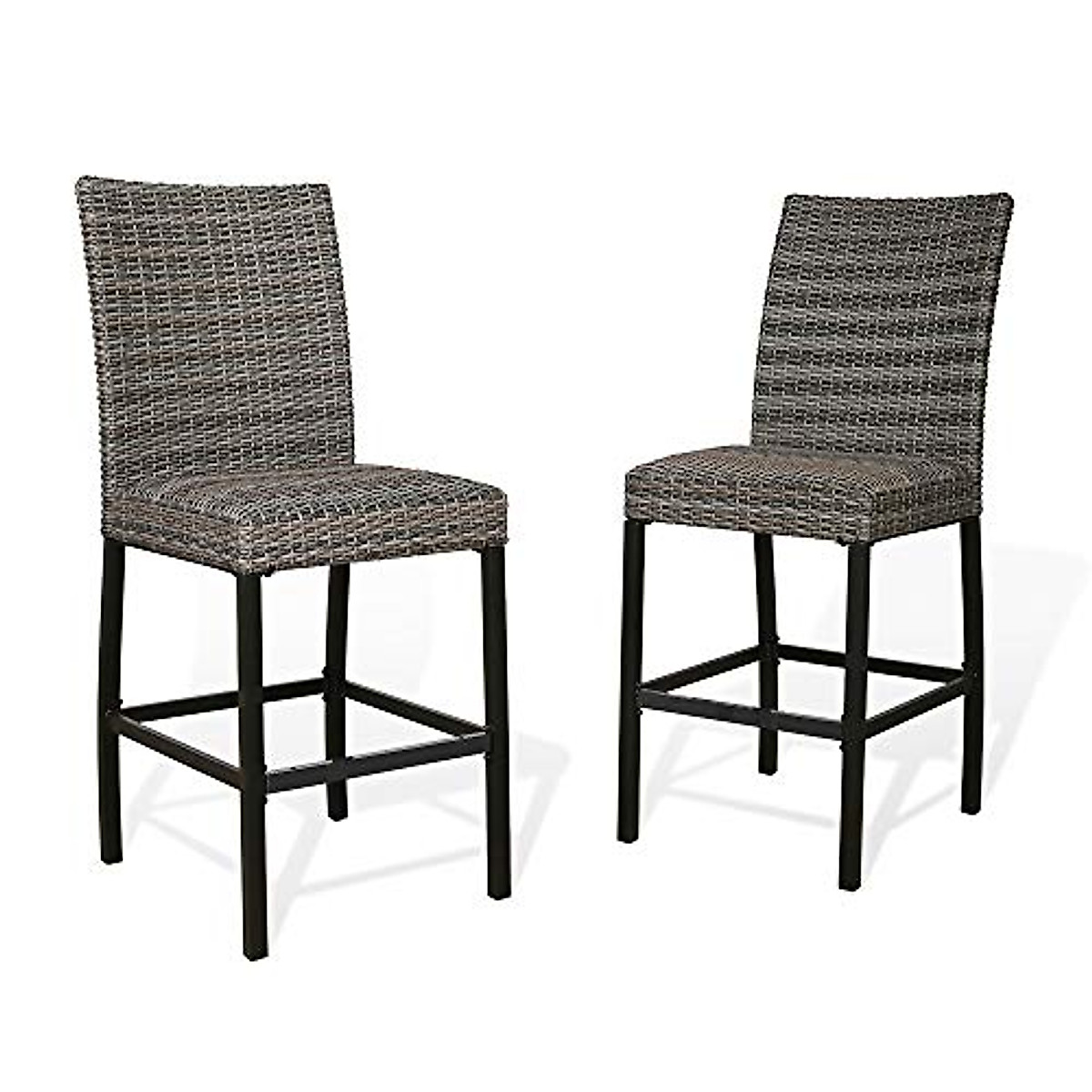 Iwicker Patio PE Wicker Height Bar Chairs, Outdoor Heavy-Duty Steel Frame Rattan Bar Stools with Padded Quick Dry Foam and Curved Backrest, Set of 2