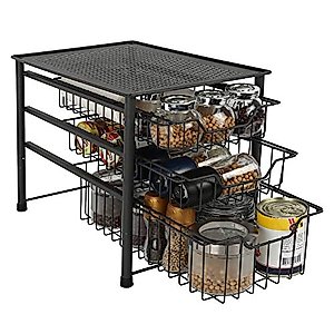 MAX Houser 3-Tier Stackable Organizer Baskets with Metal Sliding Drawers for Pantry, Under the Sink, Desktop Organizer for Bathroom,Kitchen, Office (Charcoal Grey)