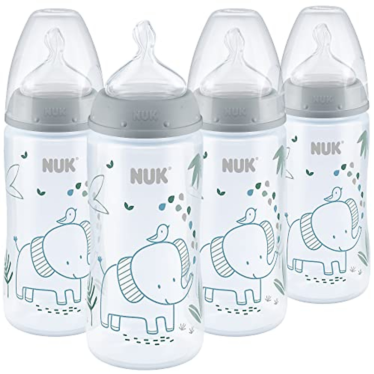 NUK Smooth Flow Anti Colic Baby Bottle, 10 oz, 4 Pack, Elephant,4 Count (Pack of 1)