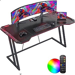 CubiCubi Gaming Desk with LED, 55 Inch Gamer Workstation, Home Computer with Carbon Fiber Surface, Black