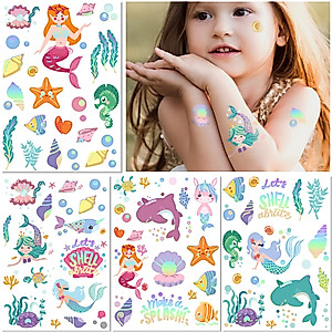 Mermaid Temporary Tattoos for Kids, 85+ Glitter Fake Tattoo, Pirate, Bluey, Dinosaur, Paw Patrol Sleeve Tattoos, Ocean Creatures & Animal, Birthday Party Gift for Boy & Girls Stickers