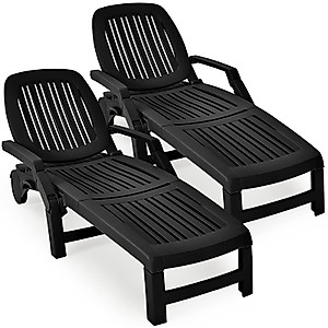 Giantex Chaise Lounge Outdoor, 6 Adjustable Backrests Lounge Chair Recliner, Outdoor Furniture for Patio Poolside Garden, Foldable Sun Lounger with Wheels (2, Black)