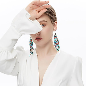 Luluping Long Beaded Dangle Earrings – Boho Native Handmade Seed Bead Tassel Earrings for Women, Bohemian Large Statement Beaded Drop Fringe Earrings (Colorful Beaded Earrings D)