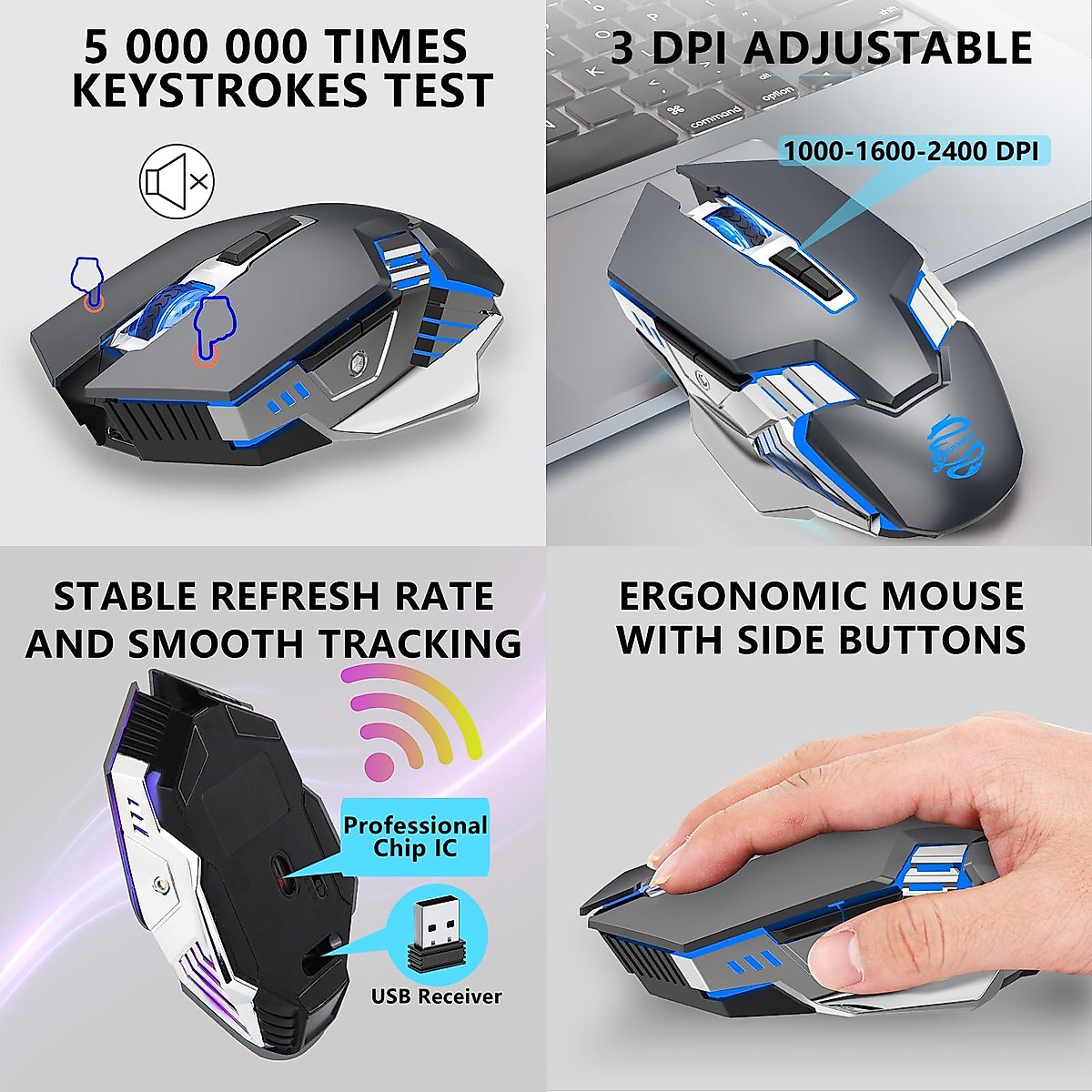 SHUNJINRUN Bluetooth Mouse, Rechargeable Wireless Mouse with 7 Buttons, RGB, 3 Modes, Ergonomic Computer Mouse for Laptop, Mac, PC, Chromebook, iPad, Tablet etc. - Gray