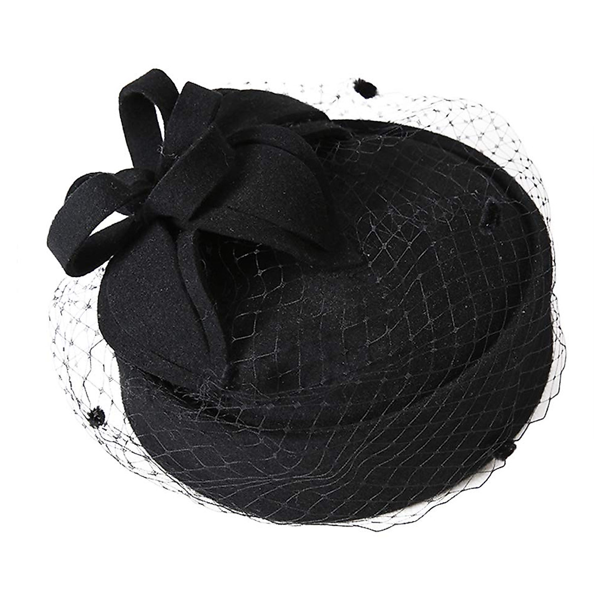 Z&X British Vintage Wool Felt Pillbox Hat Ladies Church Derby Winter Fascinator Hat Veil Flower Fedoras Black