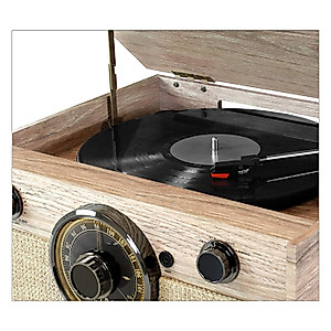 Victrola 4-in-1 Cambridge Farmhouse Modern Bluetooth Turntable with FM Radio, Farmhouse Oatmeal