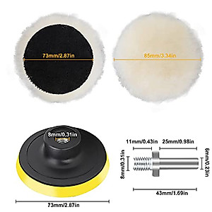 7 PCS 3 Inch Wool Polishing Buffing Pad, Polishing Buffing Wheel with Hook and Loop Back for Drill Buffer Attachment with M10 Drill Adapter Car Buffer Polisher Kit for Car Polishing, Waxing, and More