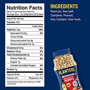 Planters Lightly Salted Dry Roasted Peanuts, 16.0 oz Jar (Pack of 6)