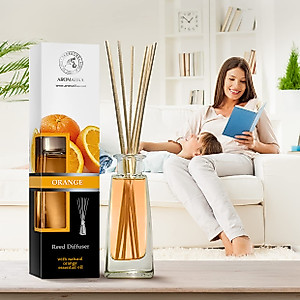 Orange Diffuser w/Orange Oil 3.4 Fl Oz - Fresh Room - Long Lasting Fragrance - Scented Reed Diffuser Orange - Diffuser Gift Set - for Aromatherapy - Home - Orange Essential Oil Diffuser by AROMATIKA