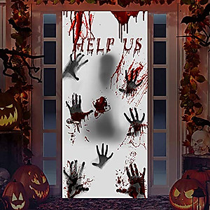 Halloween Giant Bloody Window Posters, Zombie Door Cover Help Me, Bloody Handprint Window Clings Party Decoration, Wall Poster Haunted House Door Cover, Bloody Hands Mural,Scary Halloween Window Decor