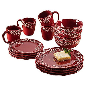 Bianca Mistletoe Holiday Round Dinnerware Set – 16-Piece Ceramic Dinner Party Collection w/ 4 Dinner Plates, 4 Salad Plates, 4 Bowls & 4 Mugs – Unique Gift Idea for Any Special Occasion, Red