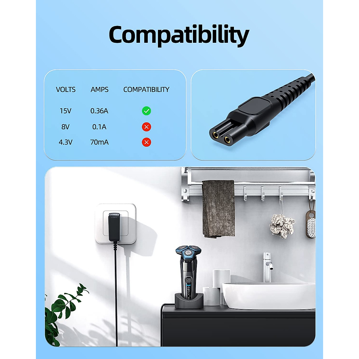 15V 6Ft Charger Fit for Philips Norelco HQ8505 QP6531/70 QP6520 QP6530 QP6510 QP6550 Shaver Razor Replacement Power Supply Adapter Cord