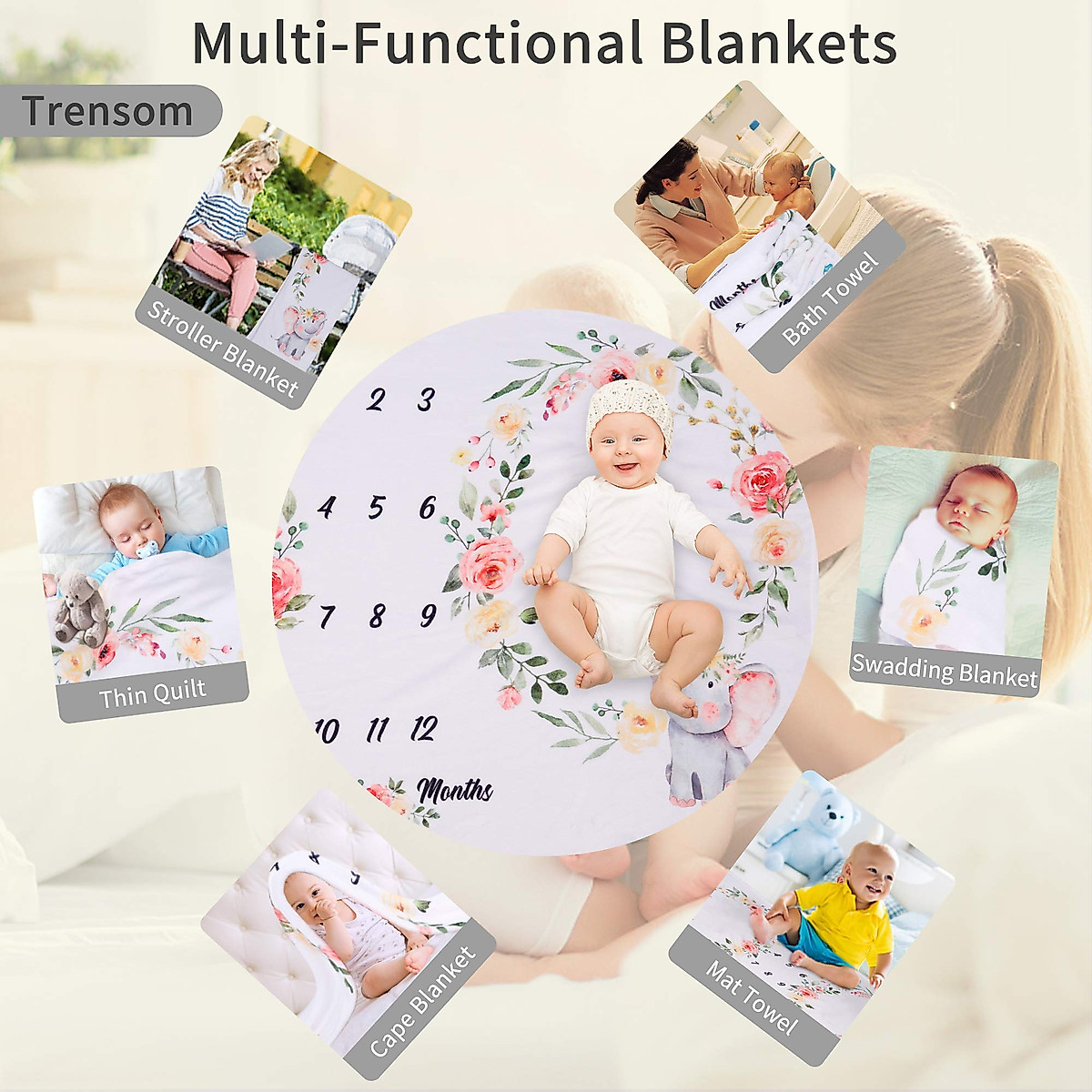 Twin Elephant Milestone Blanket Soft Premium Flannel Fleece Baby Monthly Milestone Blanket Personalized Photography Background Blankets Unisex Twin Gifts