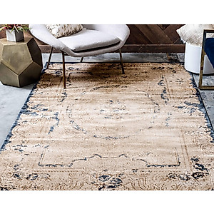 Unique Loom Chateau Collection Rustic, Vintage, Medallion, Textured, Distressed, Traditional Area Rug, 5 ft x 8 ft, Beige/Navy Blue