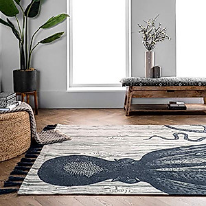 nuLOOM Thomas Paul Printed Octopus Over Board Tassel Area Rug, 5' x 8', Ivory