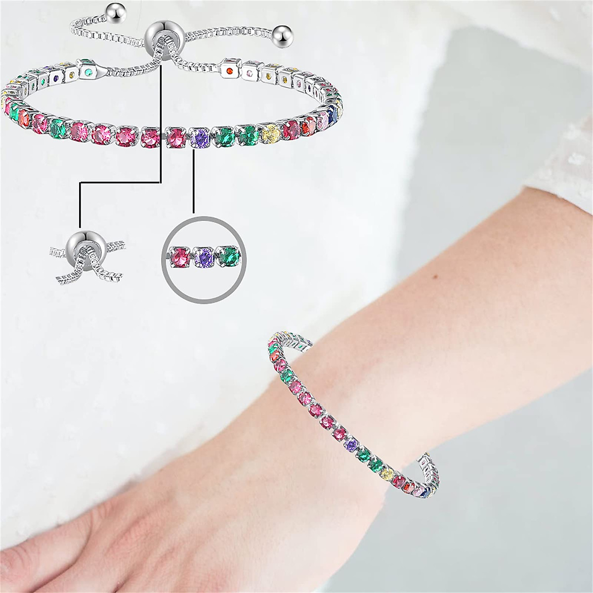 Vispayi Rainbow Cubic Zirconia Bracelet, Cubic Zirconia Classic Tennis Bracelet, Adjustable Tennis Bracelets for Women Teen Girls