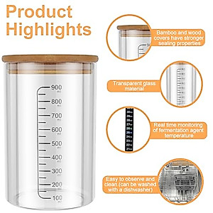 Ghojet 7Pcs Sourdough Starter Jar Kit with Scale 900ml Reusable Sourdough Starter Container with Bamboo Lid Multipurpose Wide Mouth Glass Sourdough Fermentation Jar for Sourdough Baking(Combination)