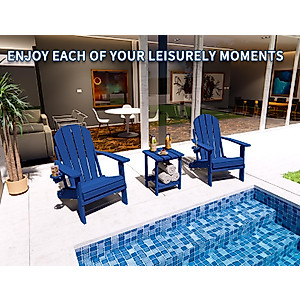 Folding Adirondack Chair with Cup Holder, Poly Lumber Patio Chairs, Wood Texture, Pre-Assembled Weather Resistant Outdoor Chairs for Pool, Deck, Backyard, Garden, Fire Pit Seating, Navy Blue