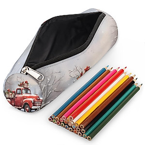 GzLeyigou Round Pencil Case Pen Bag Pouch Holder Christmas Red Truck Stationery Organizer Pencil Bag with Zipper Pencil Pouch Storage Box Cosmetic Organizer Makeup Brush Bag