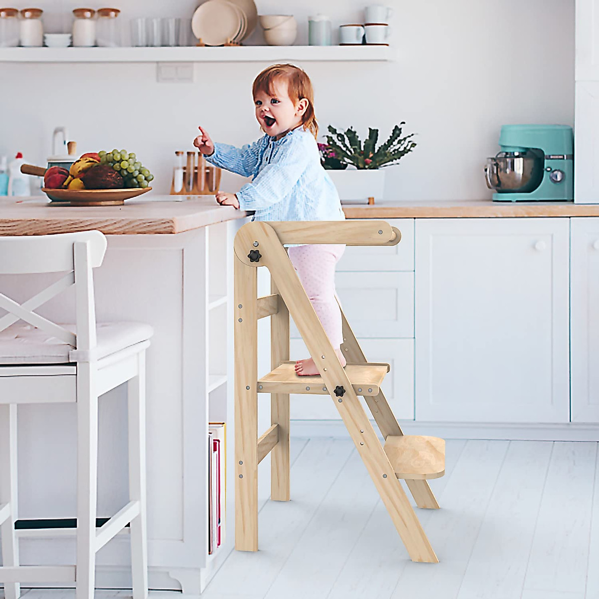 Toddler Step Stool, Folding Wooden Step Stool, Montessori Toddler Tower, Kids Step Stool Toddler Tower, Kitchen Step Stool Helper for Toddlers, Kitchen Step Stool Helper Standing Tower