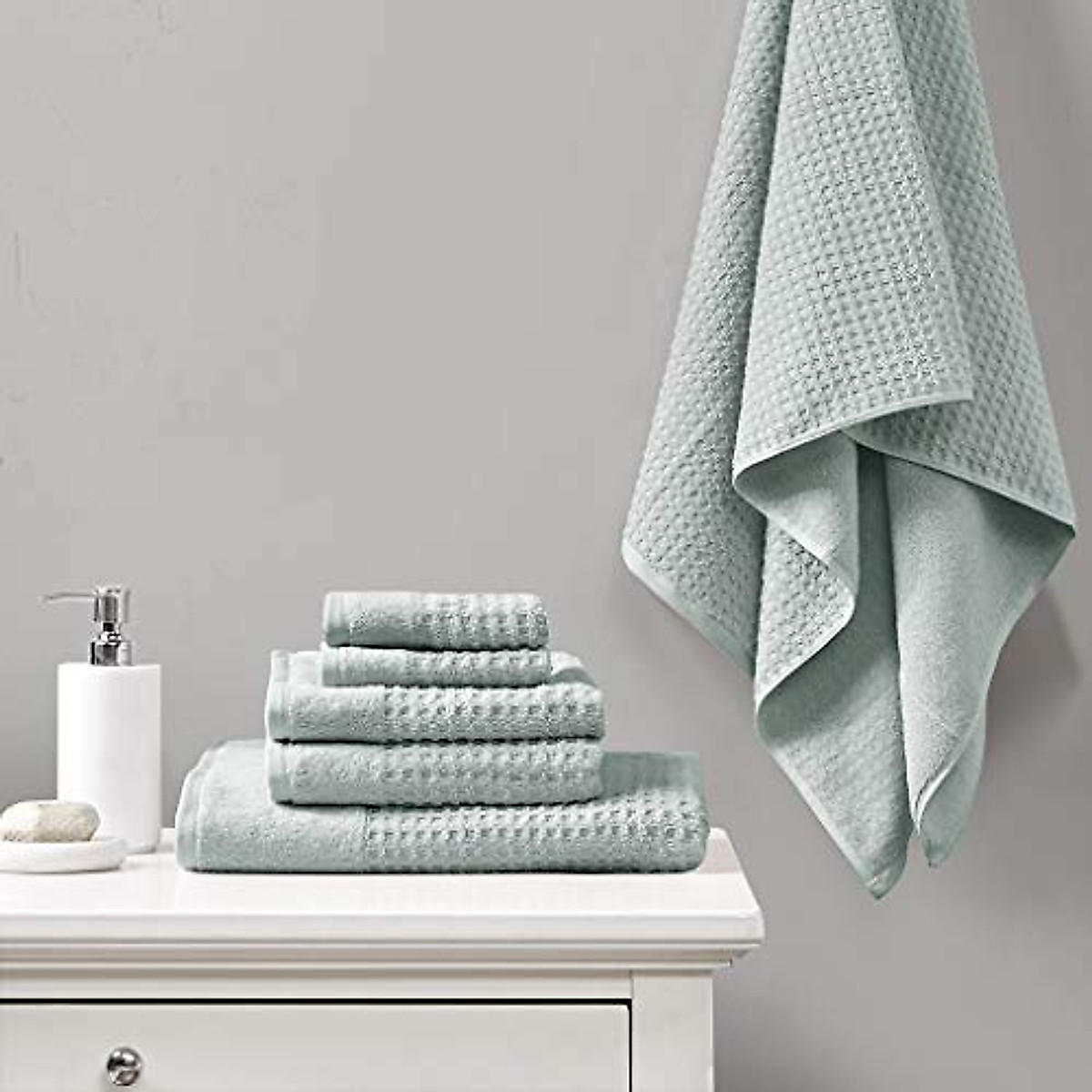 Madison Park Spa Waffle 100% Cotton Luxurious Towel Set, Premium Texture Waffle Weave, Highly Absorbent, Quick Dry, Hotel & Spa Quality Wash Clothes for Bathroom, Assorted Sizes, Seafoam 6 Piece