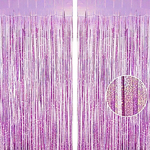Light Purple Fringe Curtain Backdrop, 2 Pack Tinsel Foil Fringe Curtains Party Decorations Streamers, Xmas Light Purple Metallic Glitter Backdrop for Birthday Wedding Bridal Shower Photo Booth