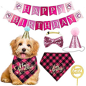 Neo LOONS Dog Birthday Bandana Set, Cute Dog Bow Tie Scarf Crown Hat Happy Birthday Banner for Dogs Birthday Party Supplies Decorations for Small Medium Pet Dog Puppy(Pink)