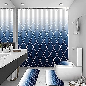 LQCOOL 4Pcs Navy Blue Shower Curtain Set White Blue Gradient Bathroom Shower Curtain Set with Rugs Water Repellent White Bathroom Decor Waterproof Fabric Shower Curtain Set with Rugs