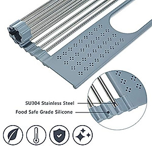 N/A2 Roll Up Dish Drying Rack - Over The Sink Drying Rack with Utensil Holder + Multipurpose Sink Cover Stainless Steel Silicone Portable Dish Draining and Folding Strainer for Mom!