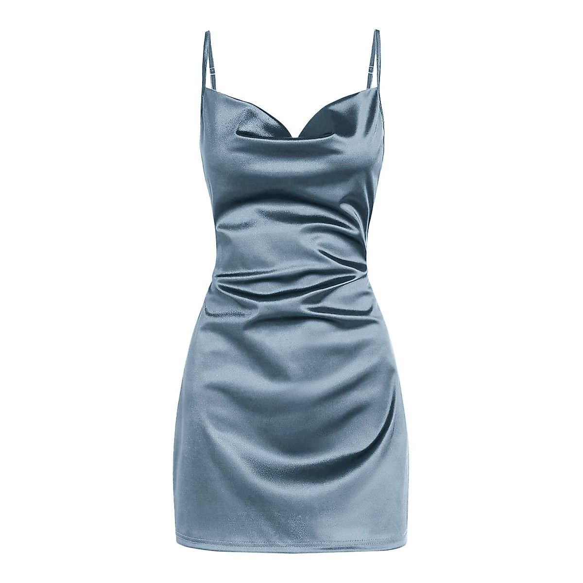 ZAFUL Women's Satin Sleeveless Spaghetti Strap Mini Dress Sexy Slip Cowl Neck Silky Cocktail Party Dresses(Blue-F, S)