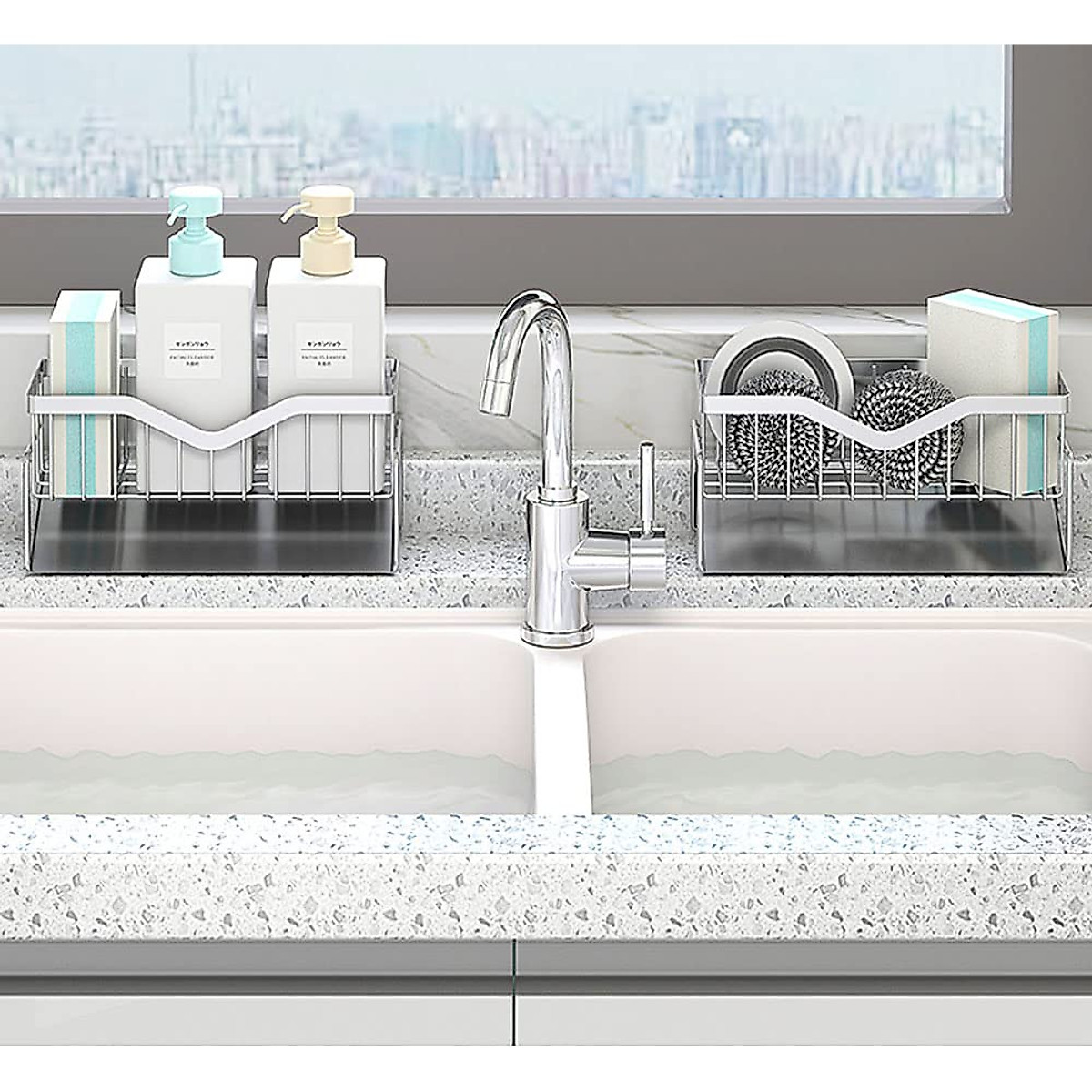 Kitchen Sink Caddy Sponge Holder for Kitchen Sink, Quick Draining, SUS 304 Stainless Steel Sponge Organizer, Basket for Cleaning and Scrub Tool, Kitchen Sink Brush Caddy Holder