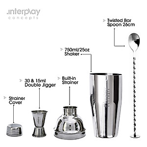 Interplay Concepts 25oz Cocktail Shaker - Large Drink Shaker for Perfect Drinks - Stainless Steel Martini Shaker with Built in Strainer, Jigger & Spoon - Professional Cocktail Shaker Set for Mixing