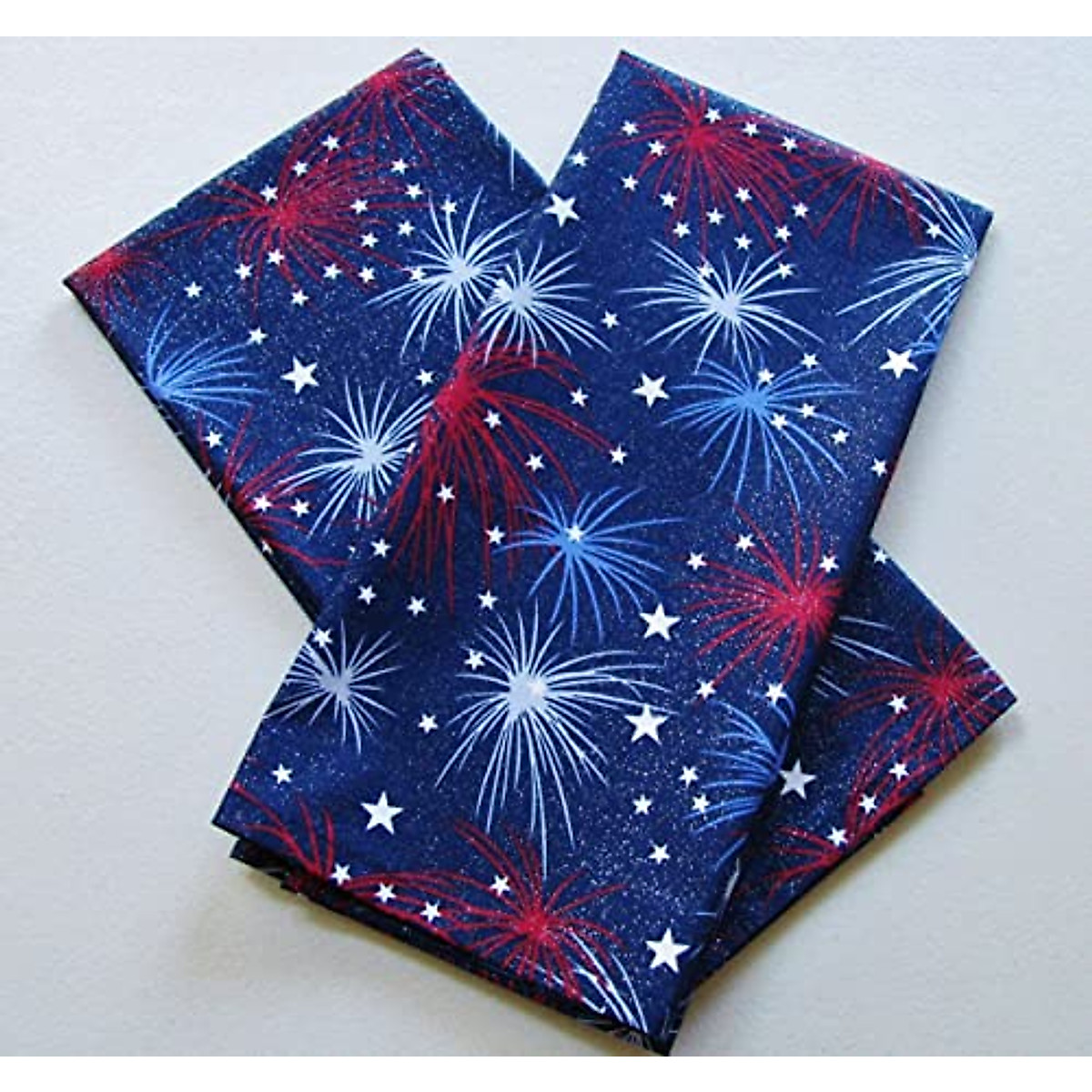 Fireworks & Stars Patriotic Cloth Napkins (Set of 2) Made in USA Patriotic Cotton Navy Blue/Red/White Glitter