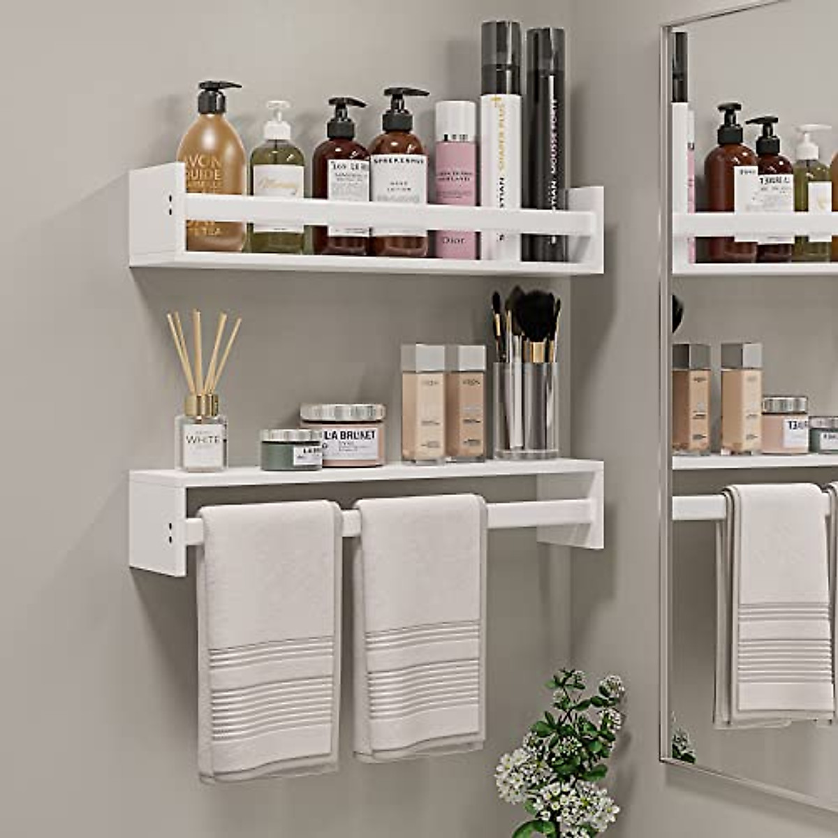 Ballucci Set of 2 Wall Mount Bookshelves, Wood Floating Wall Shelves with Towel Bar Rack for Nursery, Kitchen, Living Room, Bedroom, Bathroom, Office; 23 Inch - White