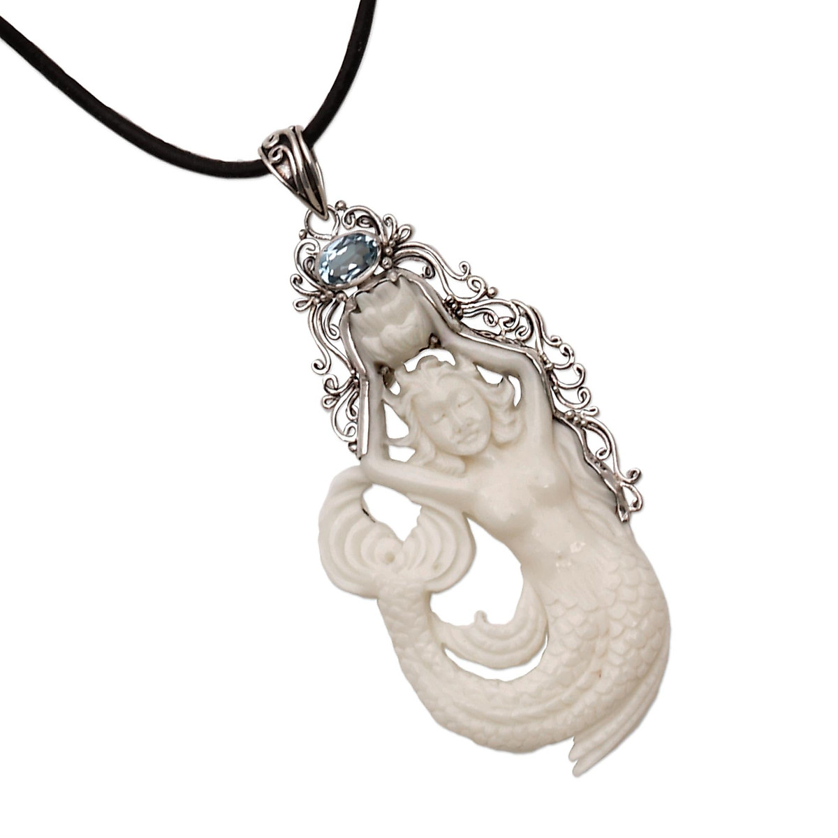 NOVICA Artisan Blue Topaz and Bone Pendant Necklace Sterling Silver Mermaid Leather Indonesia Animal Themed Birthstone Sea Lifemermaid [19.75 in L 2 mm W Pendant(s) 3 in H x 1.4 in W x 0.3 in D] '