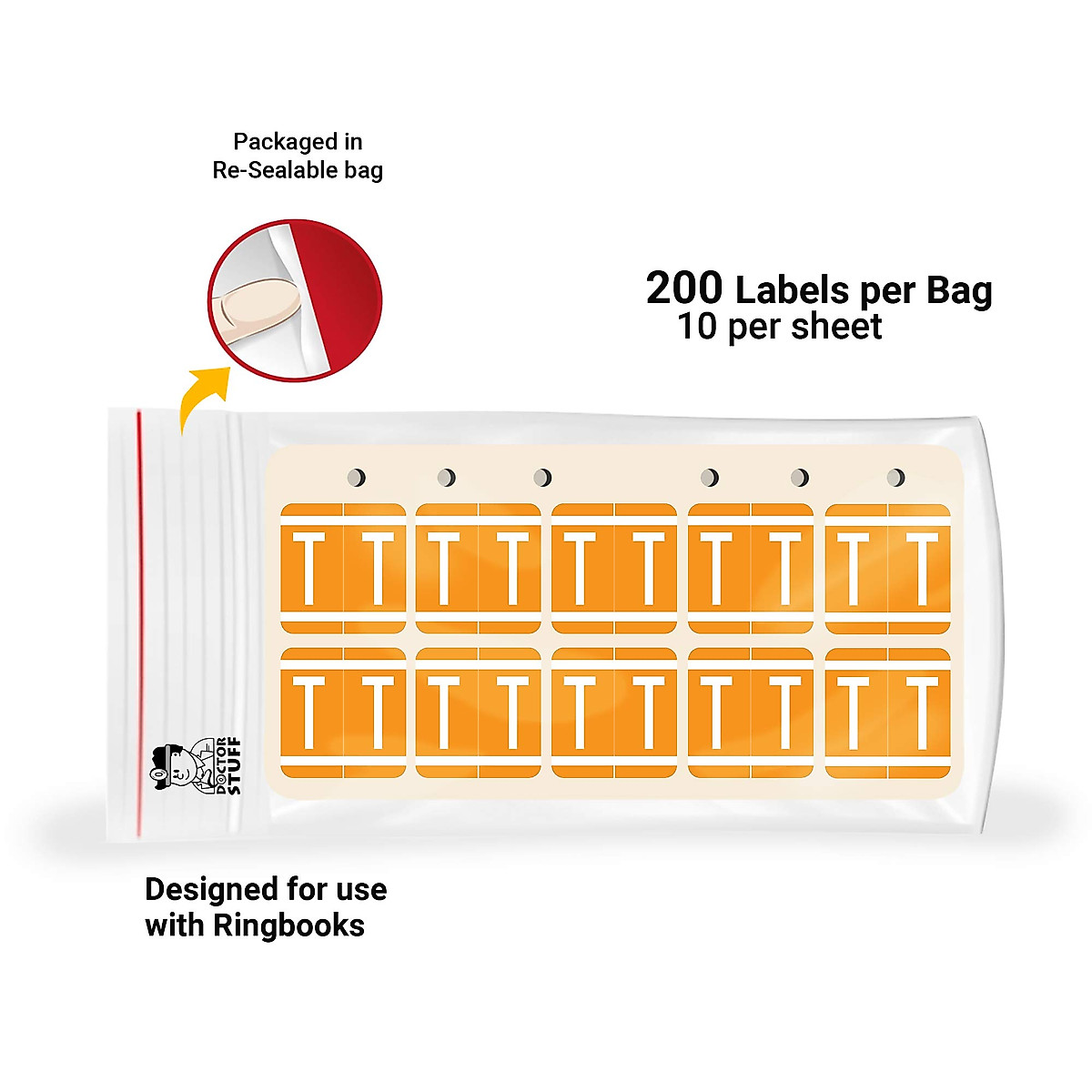 Doctor Stuff - File Folder Labels, Ringbook Sheets Alphabet Letter T, VRE/GBS 8850 - VRAM Series Compatible Alpha Stickers, Orange, 1.3" x 1.25", 200/Package