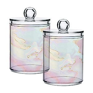 ALAZA 2 Pack Qtip Holder Dispenser Blush Pink Marble Bathroom Organizer Canisters for Cotton Balls/Swabs/Pads/Floss,Plastic Apothecary Jars for Vanity