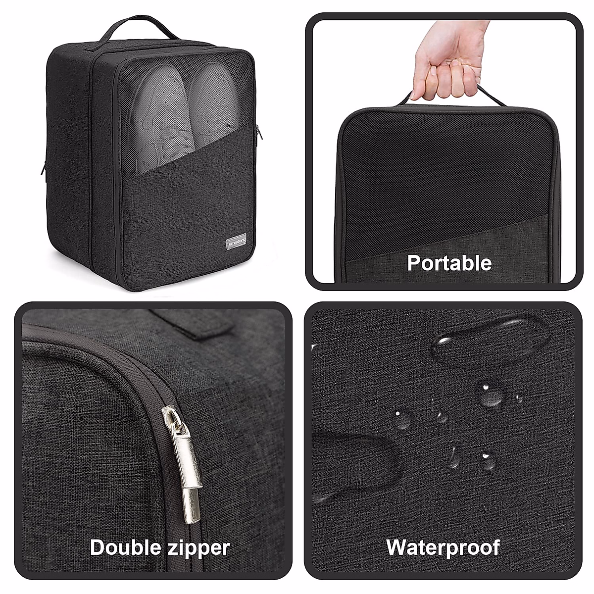 emissary Shoe Bag Holds 3 Pair of Shoes for Travel, Large Waterproof Shoe Bags for Storage, Shoe Bags for Travel With Pocket, Travel Shoe Bags for Packing, Sneaker Travel Bag for Women Men(Black)