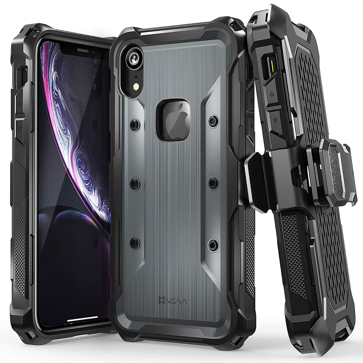 Vena vArmor Rugged Case Compatible with Apple iPhone XR (6.1"-inch), (Military Grade Drop Protection) Heavy Duty Holster Belt Clip Cover with Kickstand - Space Gray
