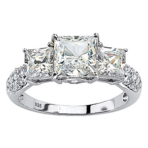 PalmBeach Platinum-plated Sterling Silver Princess Cut Created White Sapphire 3-Stone Bridal Ring Sizes 6-10 Size 10