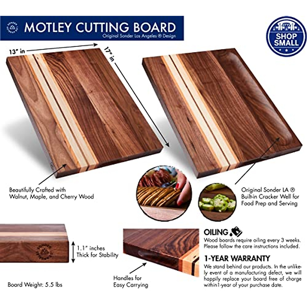 Sonder Los Angeles, Large Walnut/Cherry/Maple Wood Cutting Board for Kitchen, Charcuterie Wooden Board, Sorting Compartment, Reversible 17x13x1.1 in (Gift Box Included)