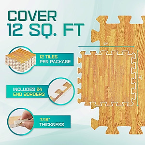Yes4All Interlocking Floor Mats with Border – Foam, Gym Floor Mats with EVA Interlocking Tiles (12 Square Feet – Oak Wood Light – 12 Tiles)