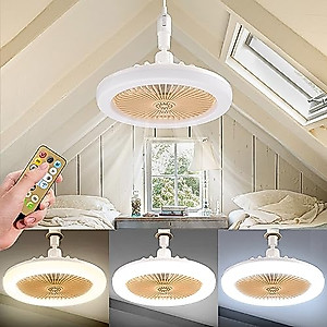 VONFAME Enclosed Ceiling Fan with Light and Remote Small 10-inch E27 Bladeless Ceiling Fans Dimmable LED Lights 3 Gear Wind Speeds Family Summer Gift for Garage Tool Room and Store Room(Yellow)