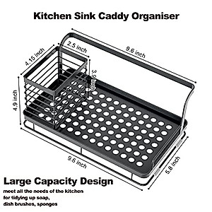 Hittanous Kitchen Sink Caddy, Rustproof Kitchen Sink Organizers with Drain Pan, Kitchen Caddy for Brush Dishcloth Soap and Sponge Holder Kitchen Sink Bathroom Accessories Storage Countertop (Black)