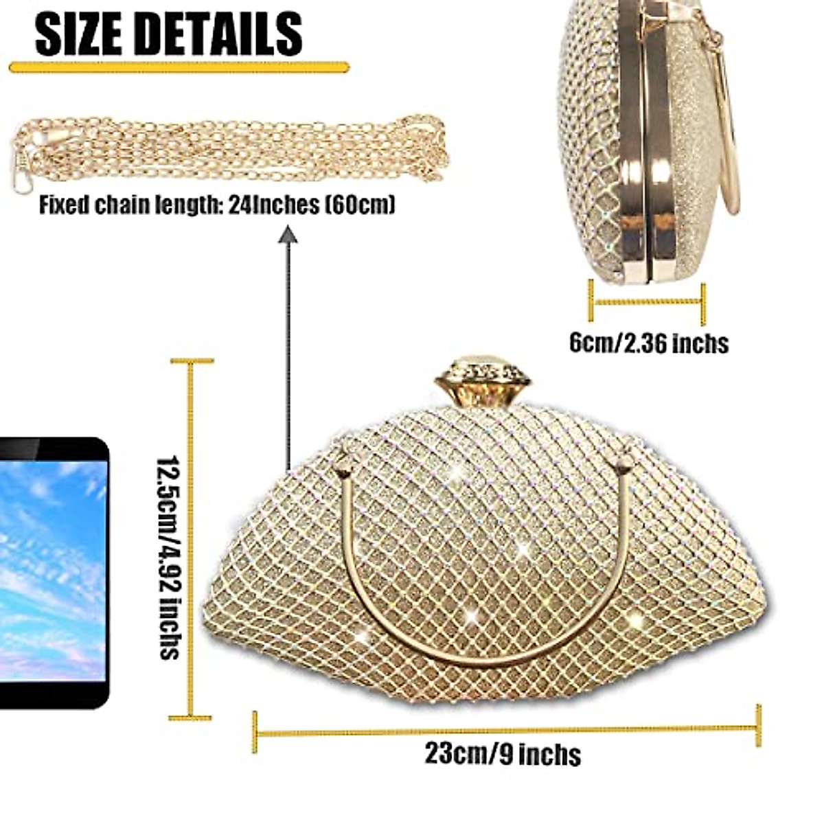 JIYIFOUHY Rhinestone Gold Clutch Purses for Women, Sparkly Rhinestone Evening Bag Bling Handbag Shoulder Bag with Detachable Chain Strap Handle for Wedding Party Prom