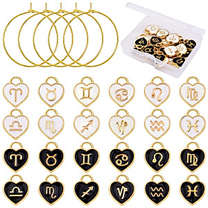 KMOSPAD 24pcs Heart 12 Constellations Charms Zodiac Sign Enamel Pendants and 24pcs 25 mm Golden Wine Glass Rings Markers with A Box for Tasting Party Decoration Supplies Gifts