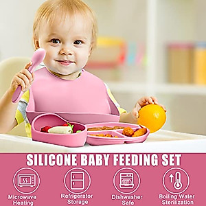 Gejoy 10 Pack Silicone Baby Feeding Set, Toddlers Led Weaning Feeding Supplies with Suction Baby Bowl Divided Plate Adjustable Bib Silicone Spoon Fork, Infant Self Eating Utensil Set (Pink, Purple)