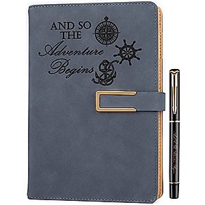 Refillable Adventure Writing Journal For Men & Women Faux Leather Hardcover Notebook A5 College Ruled 200 Lined Pages Lay-Flat Personal Diary With Pen & Magnetic Buckle （Adventure - Blue)