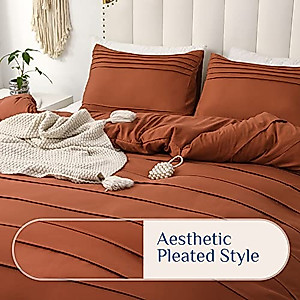 Argstar 3 Pieces Pleated Duvet Cover King, Burnt Orange Boho Textured Duvet Cover, 100% Washed Microfiber Soft Striped Comforter Cover with Zipper & Ties (1 Rust Duvet Cover, 2 Pillowcases)